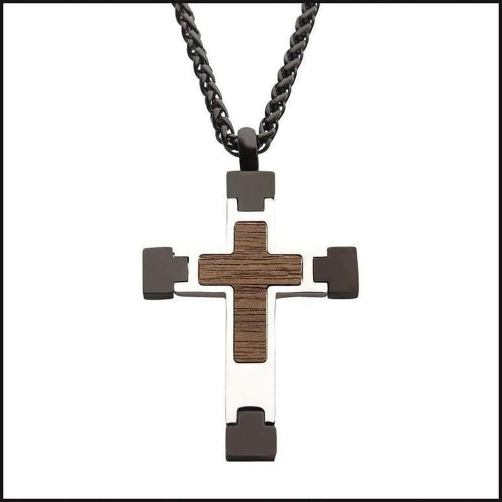 Steel Cross Pendant with Walnut Wood Inlay, with Black Wheat Chain ...